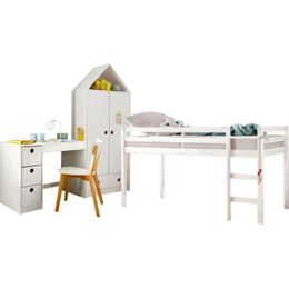 Lüttenhütt Lüttenhütt Jugendzimmer-Set Alpi, (Spar-Set, 3-St), Hochbett, Schreibtisch und Kleiderschrank in Hausoptik, platzsparend, weiß