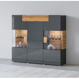 Inosign Highboard Toledo,Breite 147,5cm,trendige Hochkommode mit 3Türen und Schublade, Hochschrank mit Glas-Partien,stylische Hochglanzfronten, schwarz