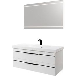 Saphir Badmöbel-Set Balto 2-teilig Mineralmarmor-Waschtisch mit LED-Spiegel, 123 cm breit, (2-St), Waschplatz mit 2 Schubladen, Badschrank inkl. Schubladendämpfer, schwarz|weiß