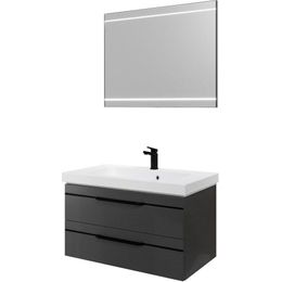 Saphir Badmöbel-Set Balto 2-teilig Mineralmarmor-Waschtisch mit LED-Spiegel, Waschplatz, (2-St), 92 cm breit, mit 2 Schubladen, Badschrank inkl. Schubladendämpfer, grau|schwarz