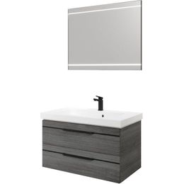 Pelipal Badmöbel-Set Balto, (3-St), 92 cm mit LED-Spiegel, Mineralmarmor-Waschtisch und 2 Auszüge, grau|schwarz