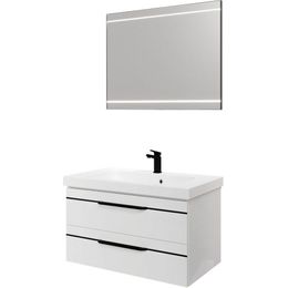 Saphir Badmöbel-Set Balto 2-teilig Mineralmarmor-Waschtisch mit LED-Spiegel, Waschplatz, (2-St), 92 cm breit, mit 2 Schubladen, Badschrank inkl. Schubladendämpfer, schwarz|weiß