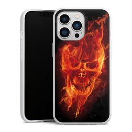 DeinDesign iPhone 13 Pro Handy Silikon H&uuml;lle Case wei&szlig; Handyh&uuml;lle Totenkopf Skull Fire Silikon Case