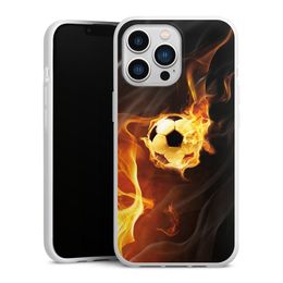 DeinDesign iPhone 13 Pro Handy Silikon H&uuml;lle Case wei&szlig; Handyh&uuml;lle Soccer Ball Fire Silikon Case
