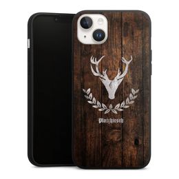 DeinDesign iPhone 14 Handy Premium Silikon H&uuml;lle Handyh&uuml;lle schwarz Case Wooden Look Deer Wood Silikon Premium Case