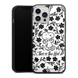 DeinDesign iPhone 13 Pro Max Handy Premium Silikon H&uuml;lle Handyh&uuml;lle schwarz Case Peanuts Flowers Snoopy Silikon Premium Case