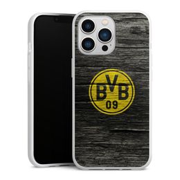 DeinDesign iPhone 13 Pro Handy Silikon H&uuml;lle Case wei&szlig; Handyh&uuml;lle Wooden Look Bvb Borussia Dortmund Silikon Case