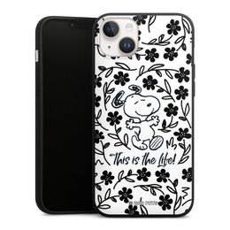 DeinDesign iPhone 14 Handy Premium Silikon H&uuml;lle Handyh&uuml;lle schwarz Case Peanuts Flowers Snoopy Silikon Premium Case