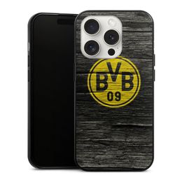 DeinDesign iPhone 15 Pro Handy Slim Case extra d&uuml;nn Silikon Handyh&uuml;lle schwarz H&uuml;lle Wooden Look Bvb Borussia Dortmund Silikon Slim Case