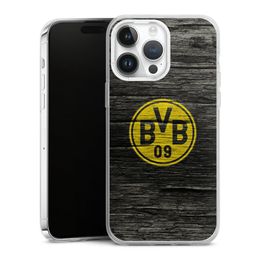 DeinDesign iPhone 14 Pro Max Handy Silikon H&uuml;lle Case transparent Handyh&uuml;lle Wooden Look Bvb Borussia Dortmund Silikon Case