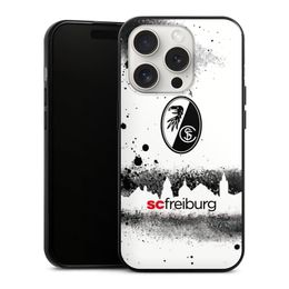 DeinDesign iPhone 15 Pro Handy Slim Case extra d&uuml;nn Silikon Handyh&uuml;lle schwarz H&uuml;lle Skyline Sc Freiburg Logo Silikon Slim Case