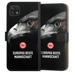 DeinDesign Galaxy A22 5G Handy Klapph&uuml;lle Handyh&uuml;lle aus Kunst Leder schwarz Flip Case Eintracht Frankfurt Official Licensed Product European Cup Sideflip mit 