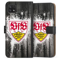 DeinDesign Galaxy A22 5G Handy Klapph&uuml;lle Handyh&uuml;lle aus Kunst Leder schwarz Flip Case Vfb Stuttgart Bundesliga Official Licensed Product Sideflip mit langer 