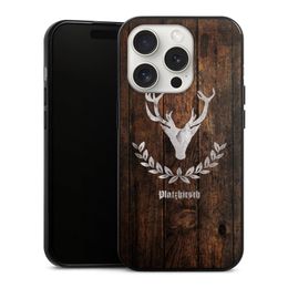 DeinDesign iPhone 15 Pro Handy Slim Case extra d&uuml;nn Silikon Handyh&uuml;lle schwarz H&uuml;lle Wooden Look Deer Wood Silikon Slim Case