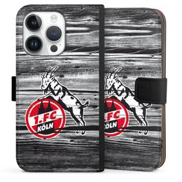DeinDesign iPhone 14 Pro Handy Klapph&uuml;lle Handyh&uuml;lle aus Kunst Leder schwarz Flip Case 1. Fc K&ouml;ln Wooden Look Official Licensed Product Sideflip mit langer 