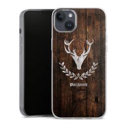 DeinDesign iPhone 14 Plus Handy Silikon H&uuml;lle Case transparent Handyh&uuml;lle Wooden Look Deer Wood Silikon Case
