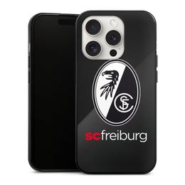 DeinDesign iPhone 15 Pro Handy Slim Case extra d&uuml;nn Silikon Handyh&uuml;lle schwarz H&uuml;lle Sc Freiburg Lettering Logo Silikon Slim Case