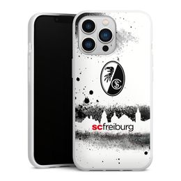 DeinDesign iPhone 13 Pro Handy Silikon H&uuml;lle Case wei&szlig; Handyh&uuml;lle Skyline Sc Freiburg Logo Silikon Case