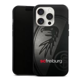 DeinDesign iPhone 15 Pro Handy Slim Case extra d&uuml;nn Silikon Handyh&uuml;lle schwarz H&uuml;lle Official Licensed Product Sc Freiburg Metallic Look Silikon Slim Case