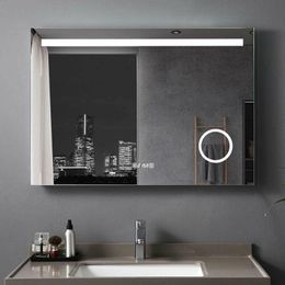 Badspiegel mit Beleuchtung led Rechteckig Badezimmer Badezimmerspiegel Wandspiegel mit Touchschalter Uhr Kosmetik 3 Lichtfarben Dimmbar, 80x60cm