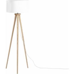 Beliani Stehlampe Weiß Holz 140 cm Dreibeinig runder Stoffschirm langes Kabel mit Schalter Modernes Design - Heller Holzfarbton