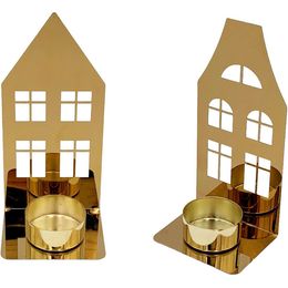 LEONIQUE Kerzenhalter Haus Ciatta (Set, 2 St., 1x mit Spitzdach und 1x mit Flachdach), magnetischer Teelichthalter, Weihnachtsdeko, goldfarben