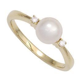 Schmuck Krone Fingerring Ring Damenring Süßwasser Perle weiß & 2 Diamanten Brillanten 585 Gold Gelbgold