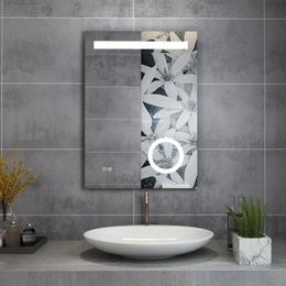 MIQU Badspiegel led 50x70 cm Badezimmerspiegel mit Beleuchtung warmweiß / kaltweiß dimmbar Lichtspiegel Wandspiegel mit Touch +Steckdose + Vergrößerung +