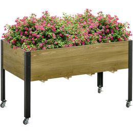 Hochbeet mit Rädern Pflanztisch Blumenkasten mit Abfluss Massivholz Vliesstoff Hellbraun 120 x 60 x 72 cm - Braun - Outsunny