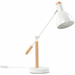 Beliani Büroleuchte Weiß Metall und Holz 50 cm Arm und Schirm verstellbar Kabel mit Schalter Industrie Look - Heller Holzfarbton