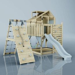 Rebo Outdoor Spielturm mit Wellenrutsche Spielhaus aus Holz mit Kletterwand, Kletternetz, Ausführung: Kinderschaukel, Farbe: Mintgrün - Grün