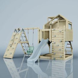 Rebo Outdoor Spielturm mit Wellenrutsche Spielhaus aus Holz mit Kletterwand, Kletternetz, Ausführung: Babyschaukel, Farbe: Eisblau - Blau