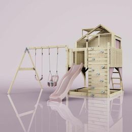 Rebo Spielturm mit Spielhaus inkl. Wellenrutsche und 2x Kinder-Schaukel Outdoor Klettergerüst Garten, Ausführung: Babyschaukel, Farbe: Altrosa - Rosa