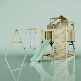 Rebo Spielturm mit Spielhaus inkl. Wellenrutsche und 2x Kinder-Schaukel Outdoor Klettergerüst Garten, Ausführung: Kinderschaukel, Farbe: Mintgrün