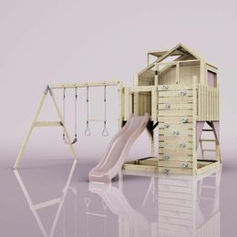 Rebo Spielturm mit Spielhaus inkl. Wellenrutsche und 2x Kinder-Schaukel Outdoor Klettergerüst Garten, Ausführung: Trapezstange, Farbe: Altrosa - Rosa