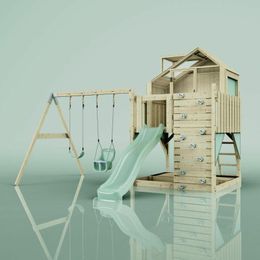 Rebo Spielturm mit Spielhaus inkl. Wellenrutsche und 2x Kinder-Schaukel Outdoor Klettergerüst Garten, Ausführung: Babyschaukel, Farbe: Mintgrün - Grün