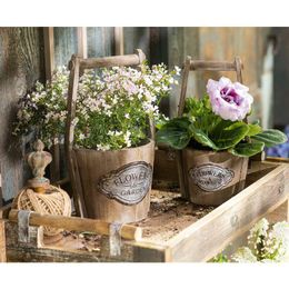 2x Pflanztopf Flowers aus Holz, natur, Blumentopf, Pflanzgefäß, Übertopf für Drinnen & Draußen, Balkon, Gartendeko
