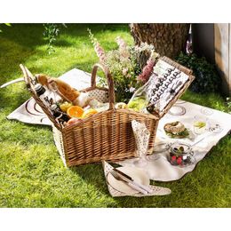 Luxus Picknickkorb aus Weide für 4 Personen, mit Porzellan-Tellern, Gläsern und Besteck