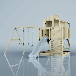 Rebo Spielturm mit Spielhaus mit Wellenrutsche Outdoor Klettergerüst Garten Kletterwand und Kletterleiter, Ausführung: Kinderschaukel, Farbe: Eisblau