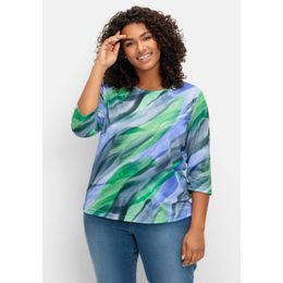 sheego Große Größen: 3/4-Arm-Shirt mit Alloverdruck in gebatikter Optik, royalblau-grasgrün bedruckt, Gr.48