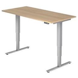 Hammerbacher Höhenverstellbarer Sitz-Stehschreibtisch Eiche Melamin Silberner T-Fuß 1.600 x 800 x 800 mm Mit Aufbau