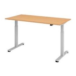 Hammerbacher Elektrisch Höhenverstellbarer Sitz-Stehschreibtisch Buche Melamin Silberner T-Fuß 1.600 x 800 x 650 mm Mit Aufbau