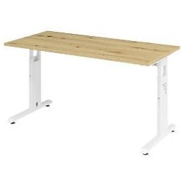 Hammerbacher Höhenverstellbar Gerader Schreibtisch Eiche Melamin Weiß C-Fuß 1.400 x 672 x 685 mm Mit Aufbau