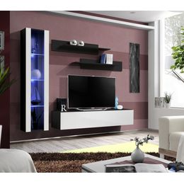 JVmoebel Wohnzimmer-Set Designer Wohnwand Set 4tlg Schwarz Wohnzimmermöbel Hänge Vitrine