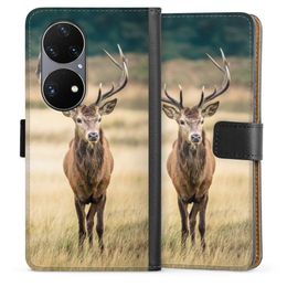 DeinDesign Handyhülle Hirsch Wald Wiese König des Waldes, Huawei P50 Pro Hülle Handy Flip Case Wallet Cover Handytasche Leder, schwarz
