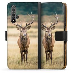 DeinDesign Handyhülle Hirsch Wald Wiese König des Waldes, Huawei Nova 5T Hülle Handy Flip Case Wallet Cover Handytasche Leder, schwarz
