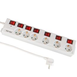 FeinTech MD000652 Steckdosenleiste 6-fach (separate Ein- / Ausschalter, Schalterbeleuchtung, USB-Anschlüsse, Überspannungsschutz, Kindersicherung)
