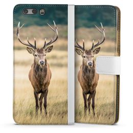 DeinDesign Handyhülle Hirsch Wald Wiese König des Waldes, Huawei P10 Hülle Handy Flip Case Wallet Cover Handytasche Leder, weiß