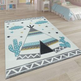 Paco Home - Kinder-Teppich, Kinderzimmer Pastell Farben, Indianer-Zelt Motiv 3-D, in Cream Grau 80x150 cm