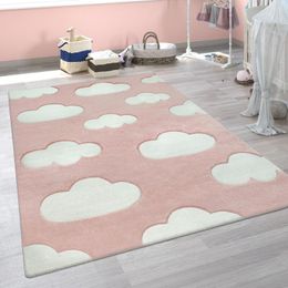 Kinder Teppich Weiß Rosa Kinderzimmer Pastellfarben Wolken Design Kurzflor 3-D 200x290 cm - Paco Home